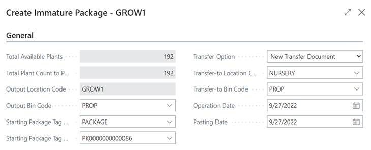 Cultivation - Create an Immature Plant Packages