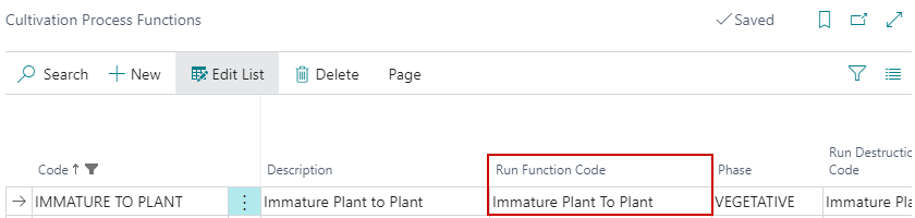 Cultivation - Appendix - Function Run Codes - Immature Plant to Plant